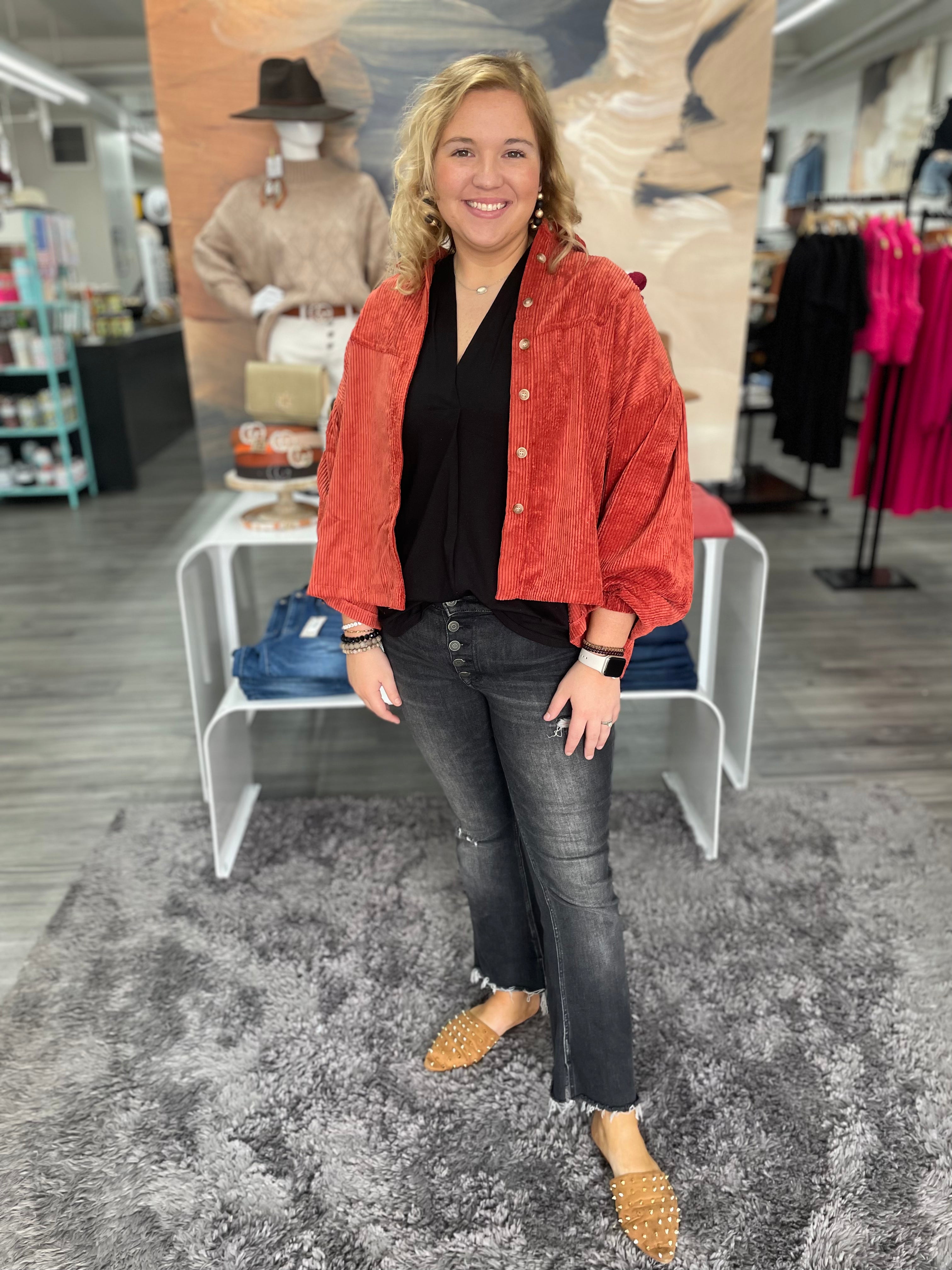 Corn Maze Corded Shacket- Rust – BennysBoutique